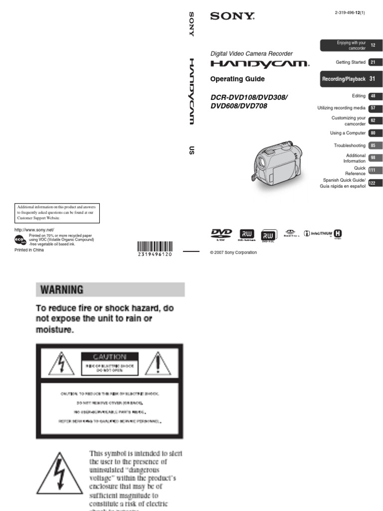 Operating Guide: DCR-DVD108/DVD308/ DVD608/DVD708 | PDF | Dvd | Ac Power Plugs And Sockets