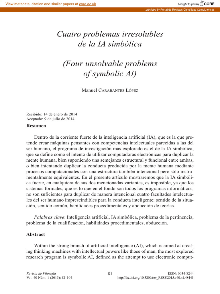 Cuatro Problemas Irresolubles de La IA Simbólica (Four Unsolvable ...