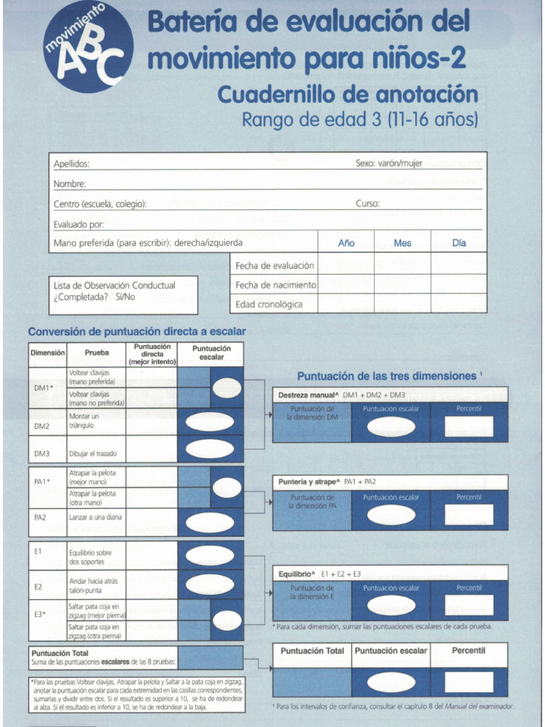 MABC-2. Cuadernillo de Anotación. Rango de Edad 3 (11-16 Años) | PDF