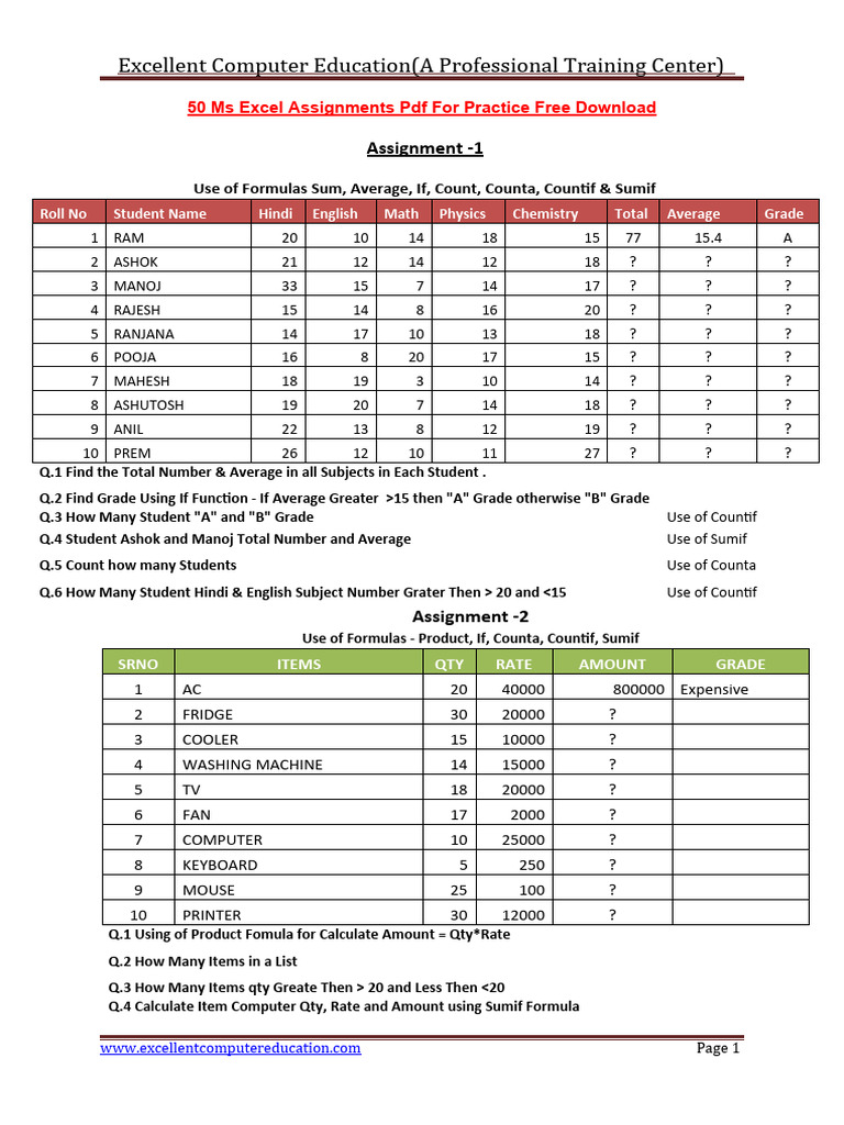 50 Ms Excel Assignments PDF For Practice | PDF | Fruit
