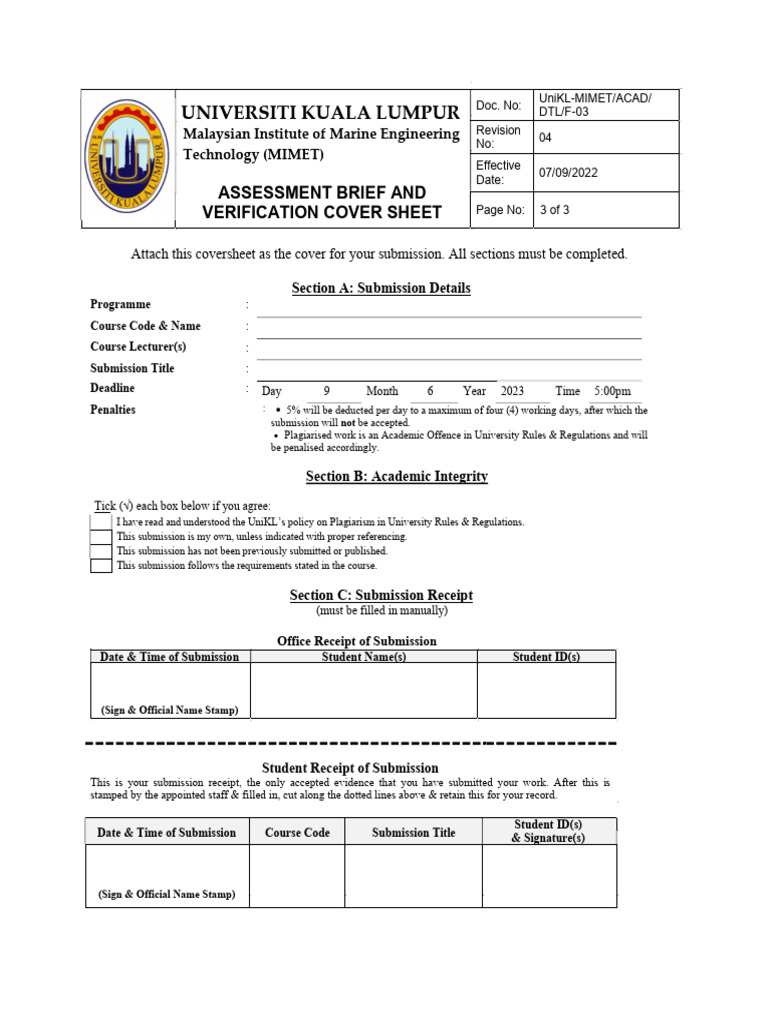 UniKL Submission Coversheet Template | PDF | Plagiarism