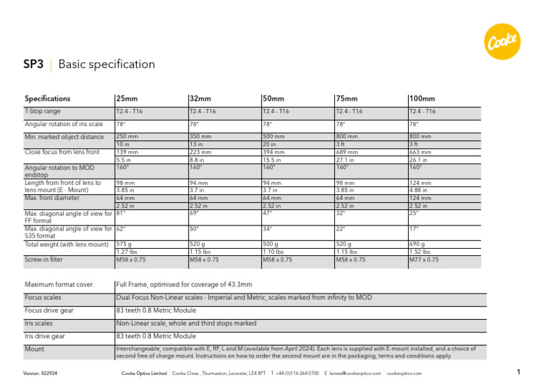 COOKE SP3 Specification | PDF | Camera Lens | Lenses