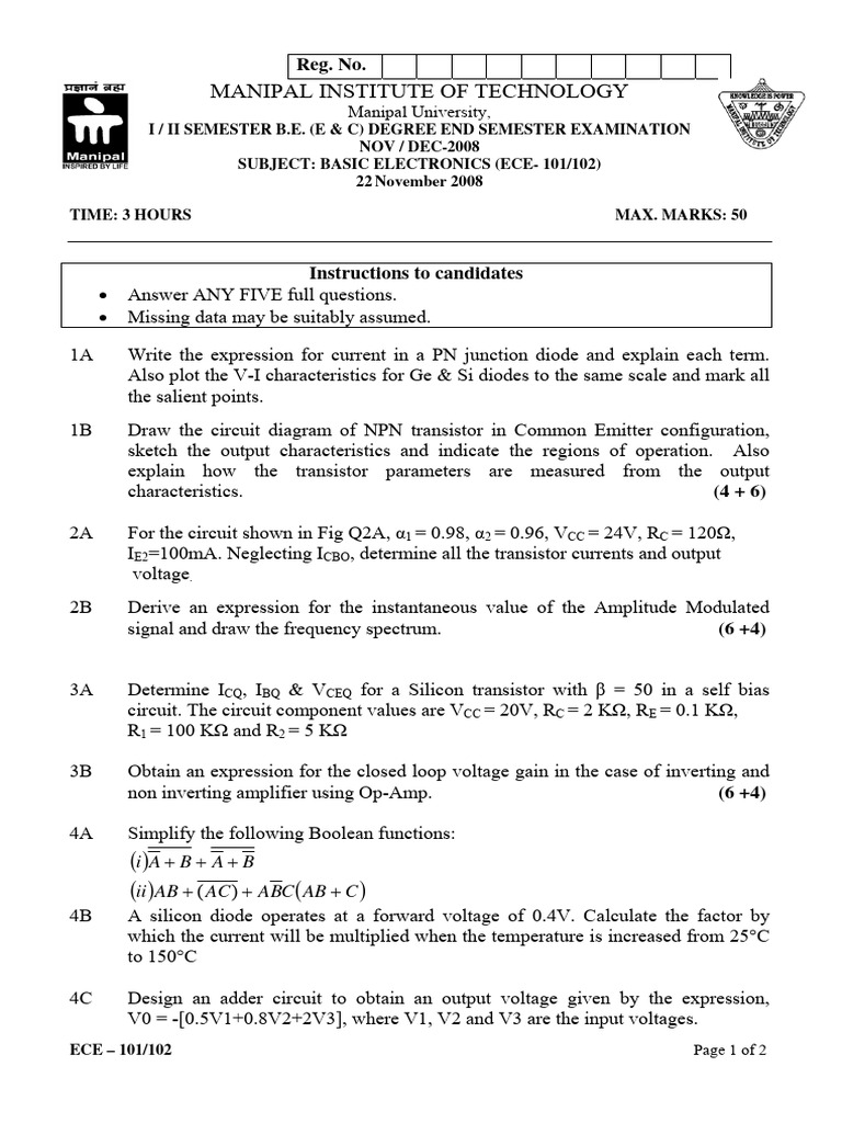 Basic Electronics Exam Paper 2008 | PDF | Transistor | Electronic Circuits