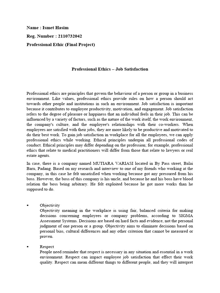 Ismet Hasim Prof Ethics | PDF | Job Satisfaction | Employment