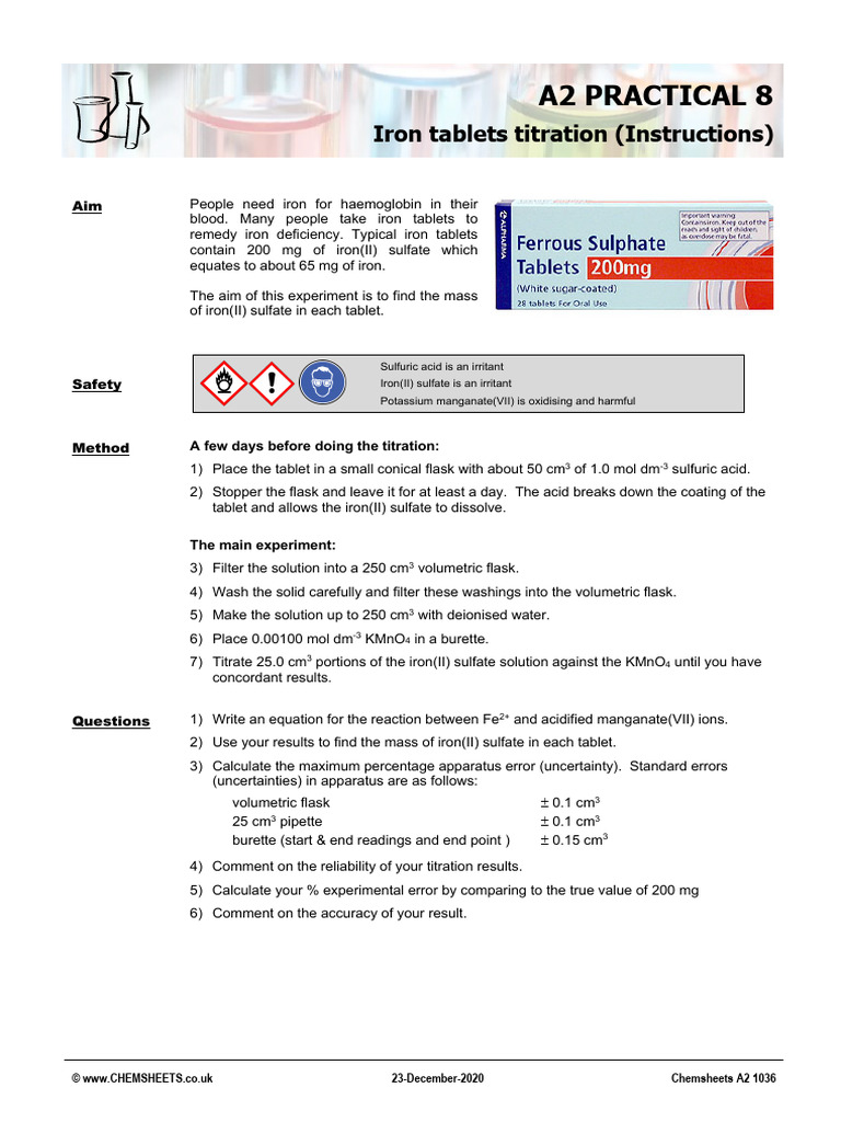 Chemsheets A2 1036 A2 Prac 8 Iron Tablets Titration Instructions | PDF ...