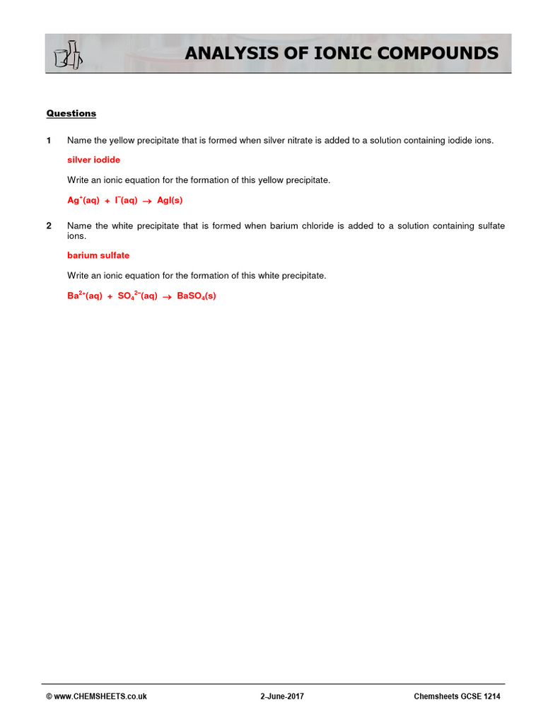 Chemsheets GCSE 1214 Practical 34 Analysis of Ionic Compounds ANS | PDF ...