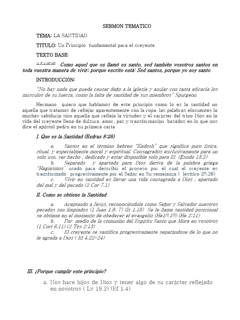 SERMON TEMATICO Sobre La Santidad | PDF | Santo | Pecado