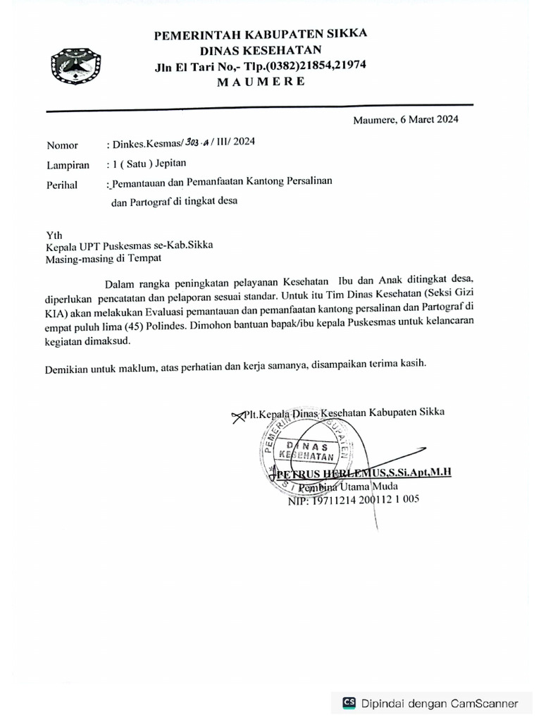 Surat Penyampaian Kegiatan Evaluasi Pemanfaatan Dan Pemantauan Kantong Persalinan Dan Partograf ...