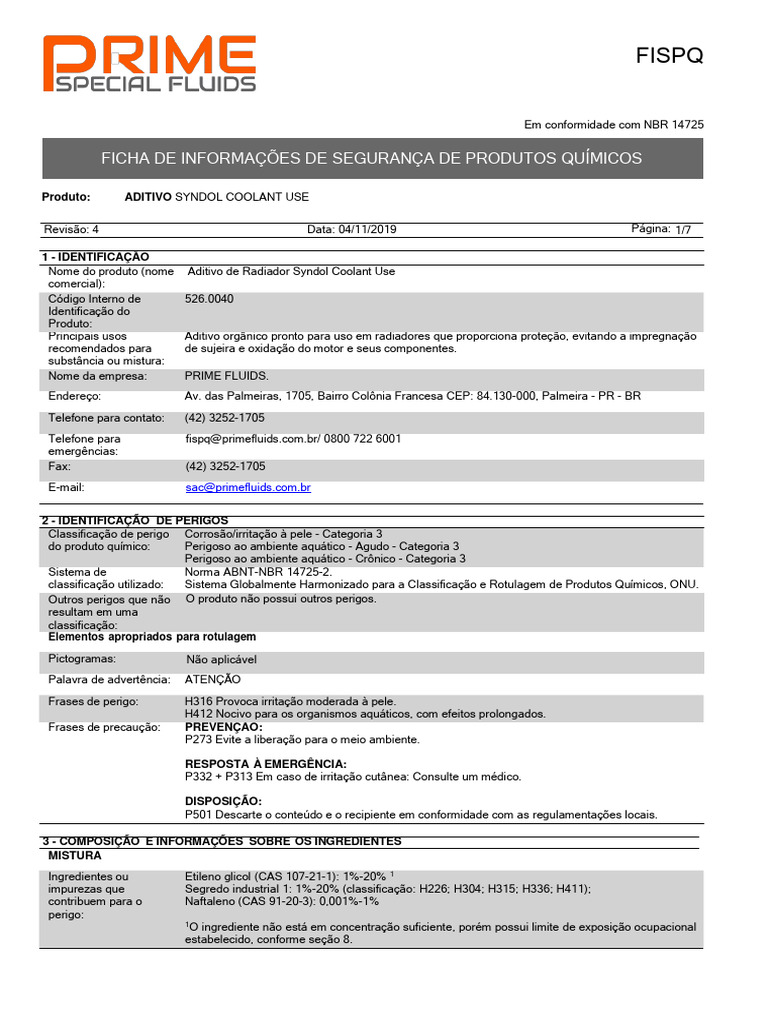 Fispq Aditivo Syndol Coolant Use - Prime | PDF | Química | Embalagem e ...