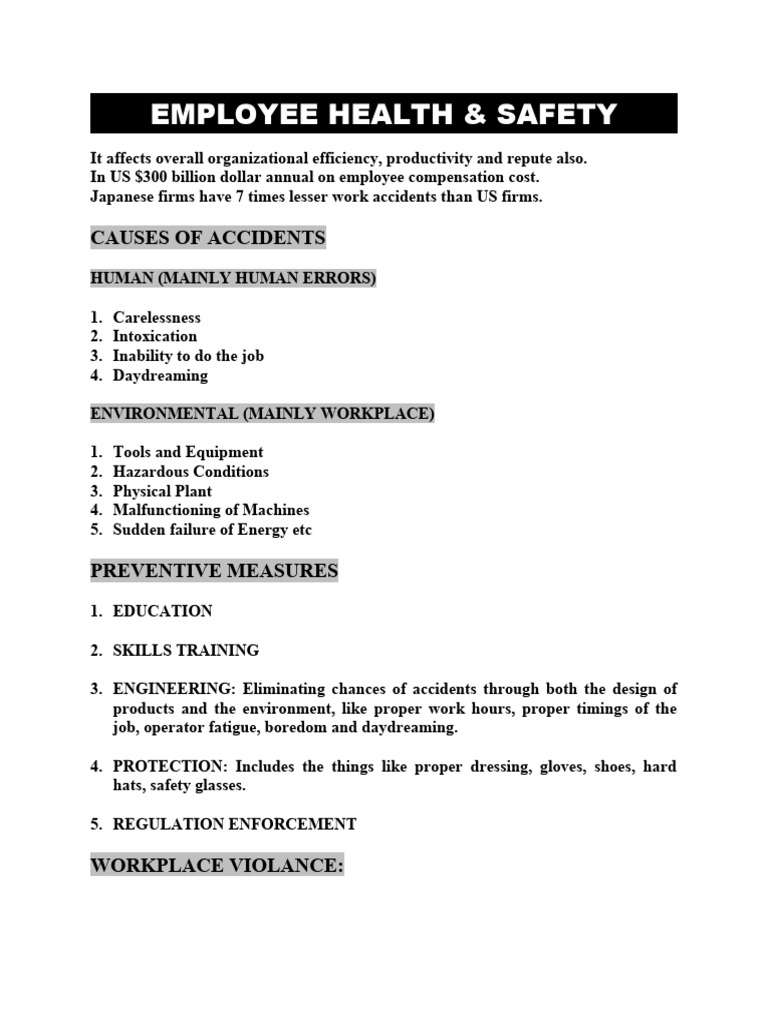 EMPLOYEE HEALTH AND SAFETY | PDF | Occupational Safety And Health ...