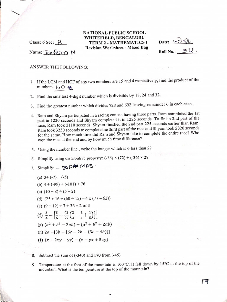 Class 6 Math 1 Wksheet Math 1 | PDF
