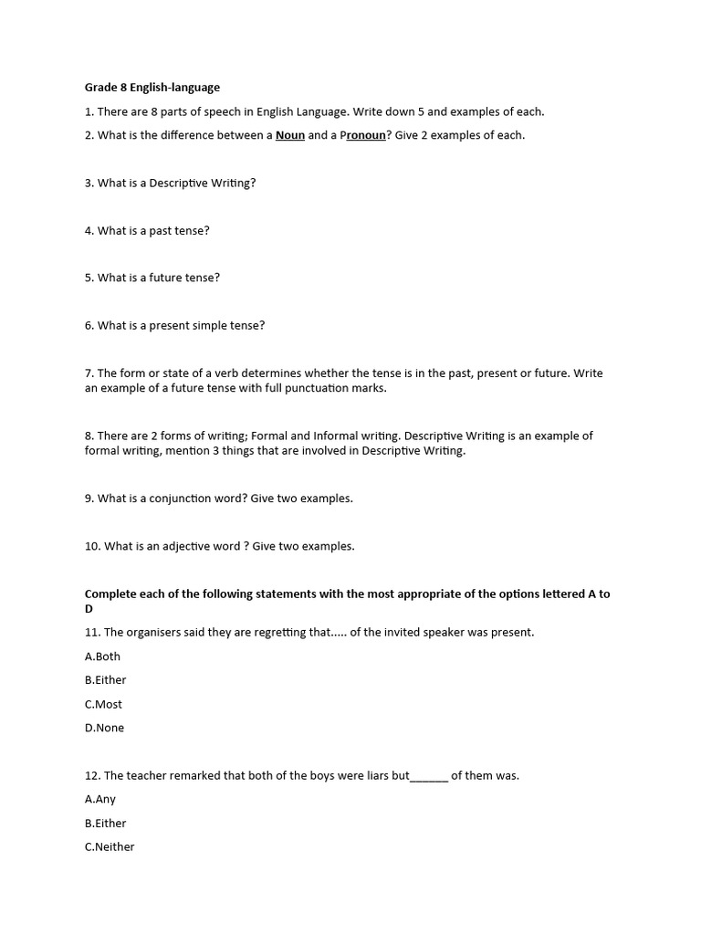 Grade 8 English-Language Questions | Download Free PDF | English ...