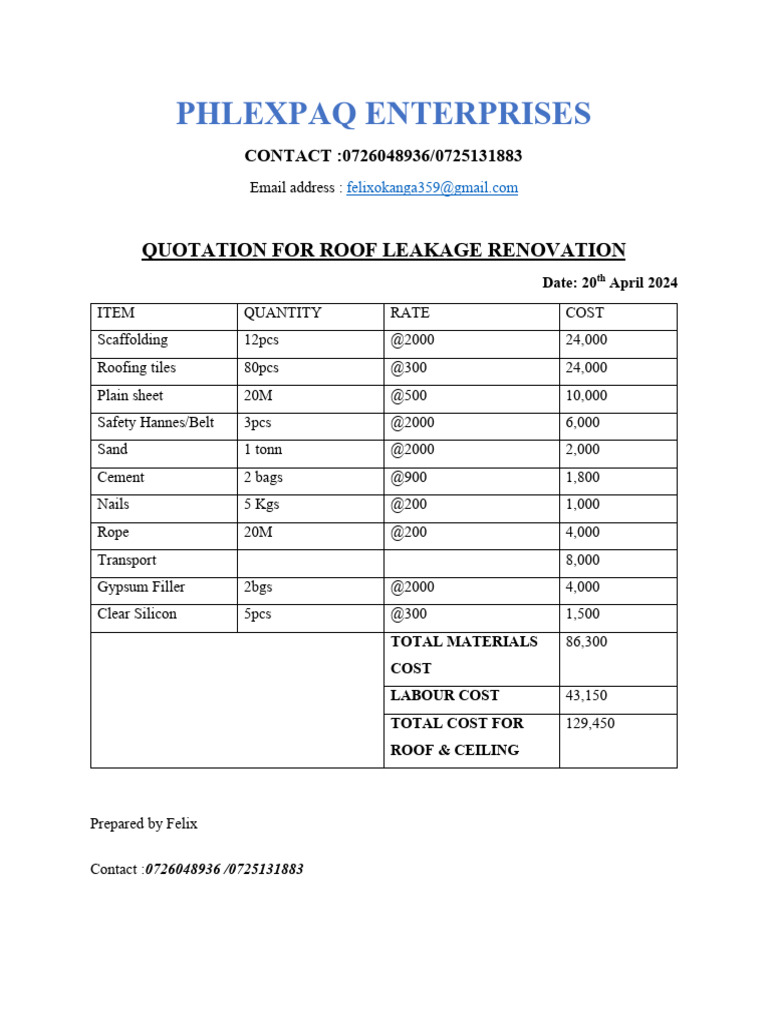 Quotation For Roof Leakage Renovation | PDF | Structural Engineering ...