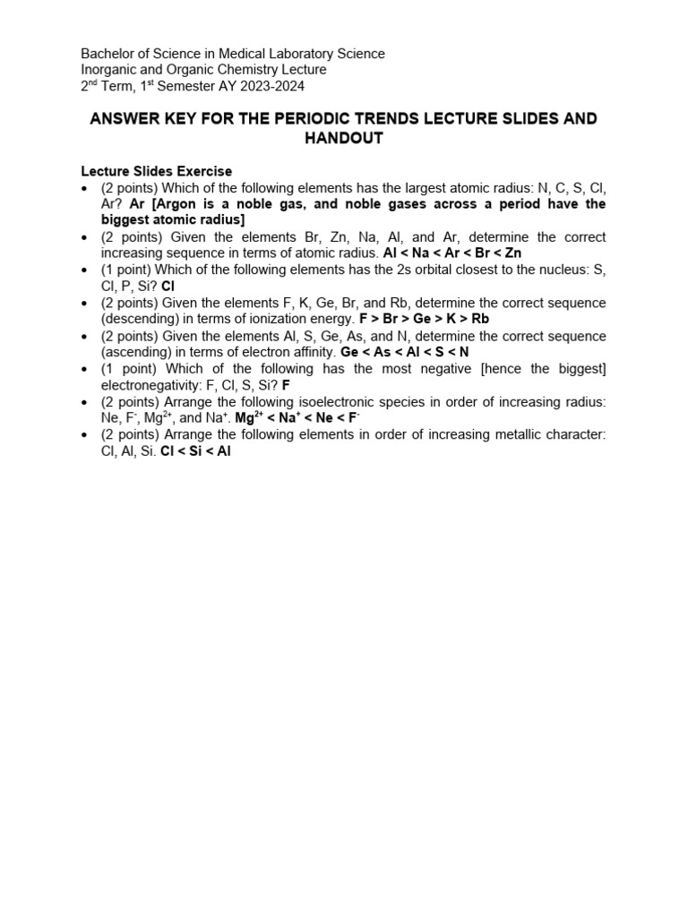 Chem Students' Periodic Trends Key | PDF | Ionic Bonding | Argon