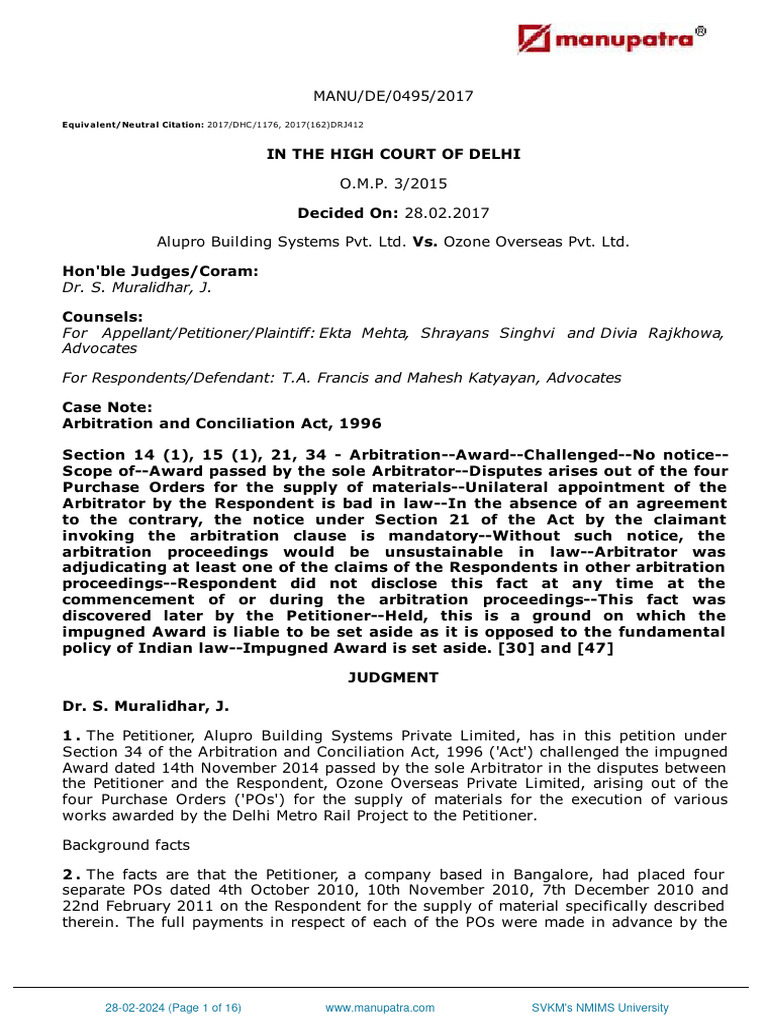 Alupro Building Systems PVT LTD Vs Ozone Overseas | PDF | Arbitration ... Alupro Building Systems PVT LTD Vs Ozone Overseas | PDF | Arbitration ...