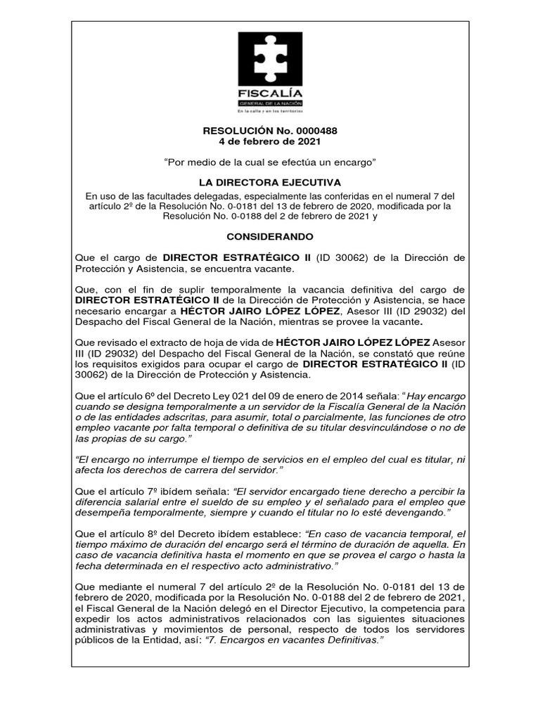 RESOLUCIÓN No. 0000488 4 de Febrero de 2021: Del Despacho Del Fiscal General de La Nación | PDF ...