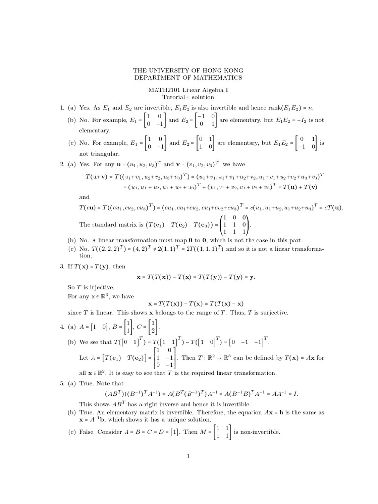Tutorial 4 Soln | Download Free PDF | Matrix Theory | Mathematical Concepts
