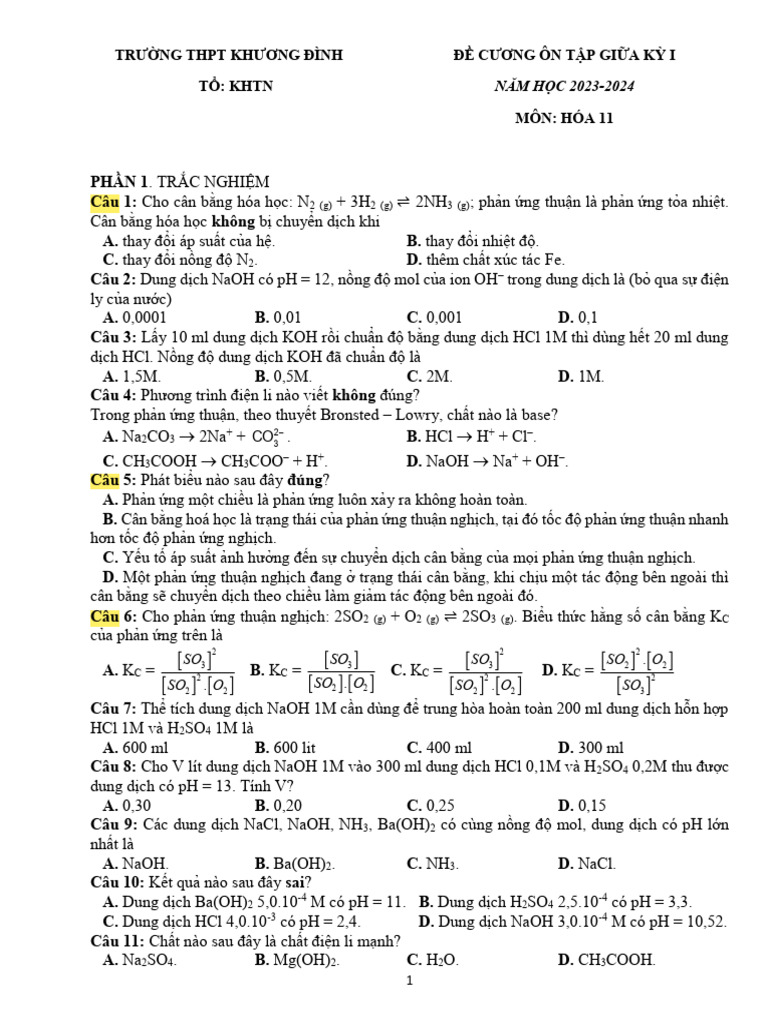 Đê Cương Hóa 11-GK1 | PDF
