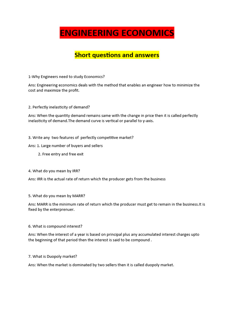 ENGINEERING ECONOMICS SHORT QUESTION and ANSWERS | PDF | Demand | Supply (Economics)