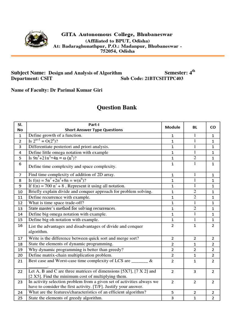 DAA - QuestionBank - CSIT | PDF | Computational Complexity Theory ... DAA - QuestionBank - CSIT | PDF | Computational Complexity Theory ...