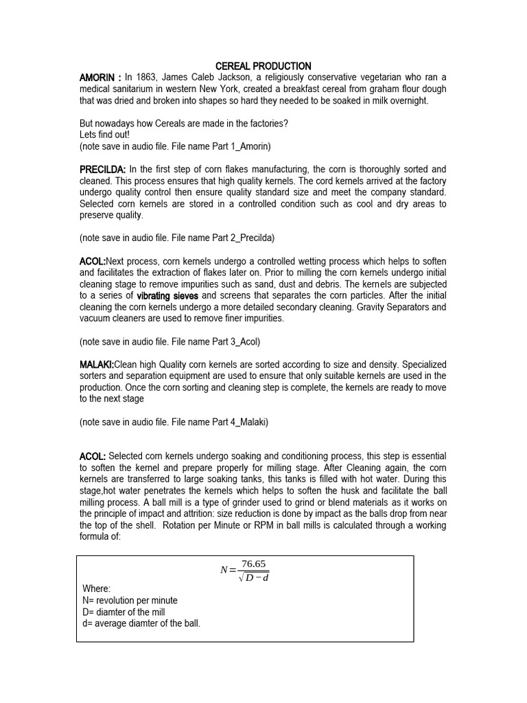 Corn Flakes Manufacturing Process | PDF | Mill (Grinding) | Cereals