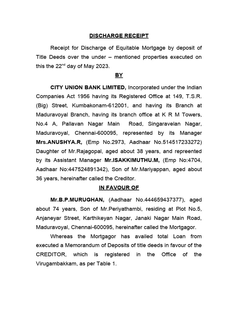 Discharge Receipt of Mortgage by CUB | PDF | Mortgage Law | Loans
