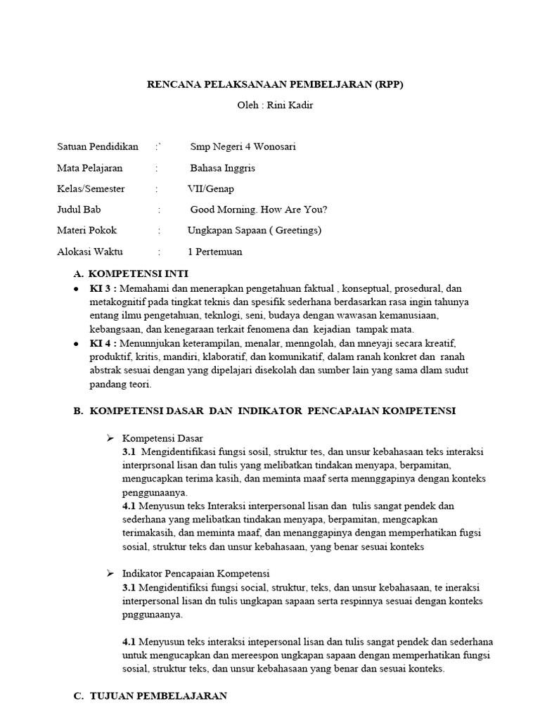 Contoh RPP Bahasa Inggris | PDF