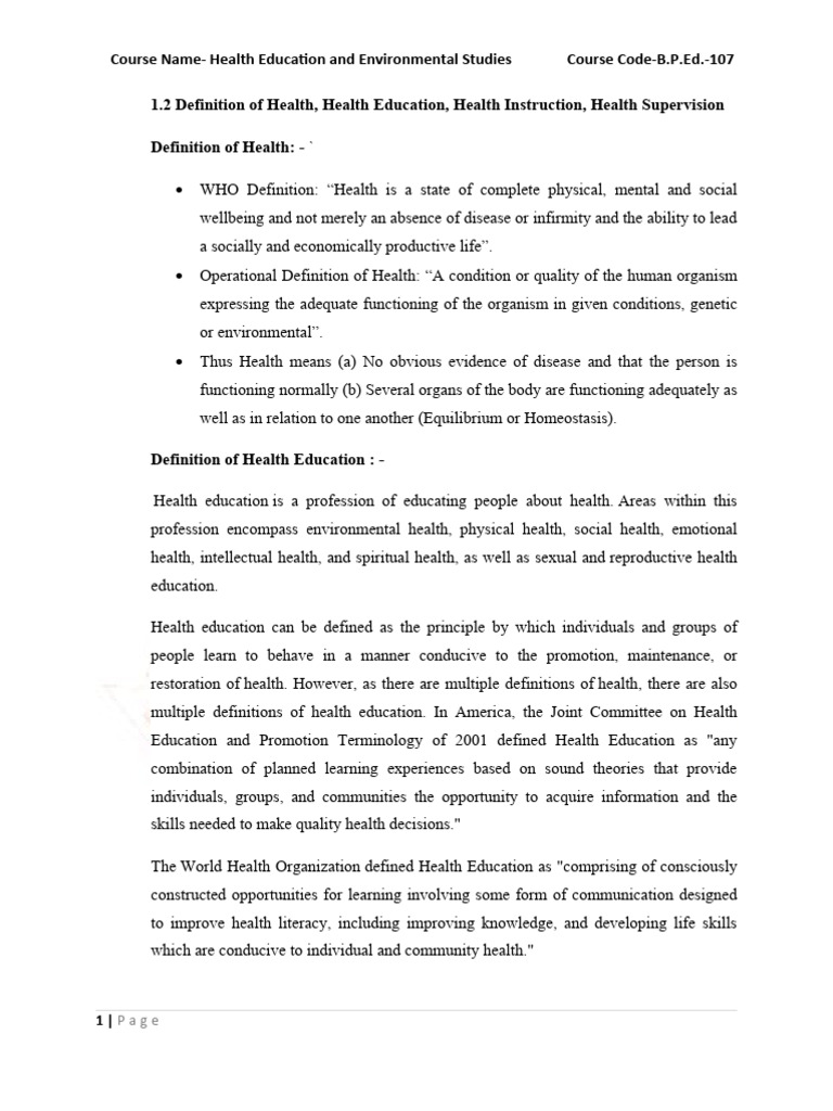 1.2 Definition of Health Health Education Health Instruction Health ...