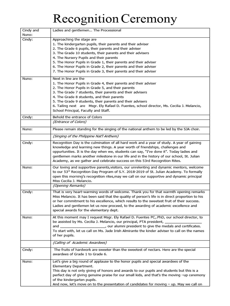 Recognition Ceremony 2018 Script | PDF
