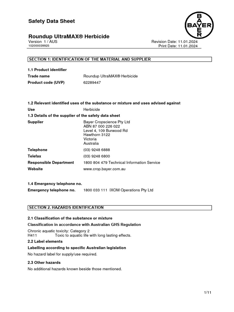 Roundup UltraMAX SDS | PDF | Toxicity | Occupational Safety And Health