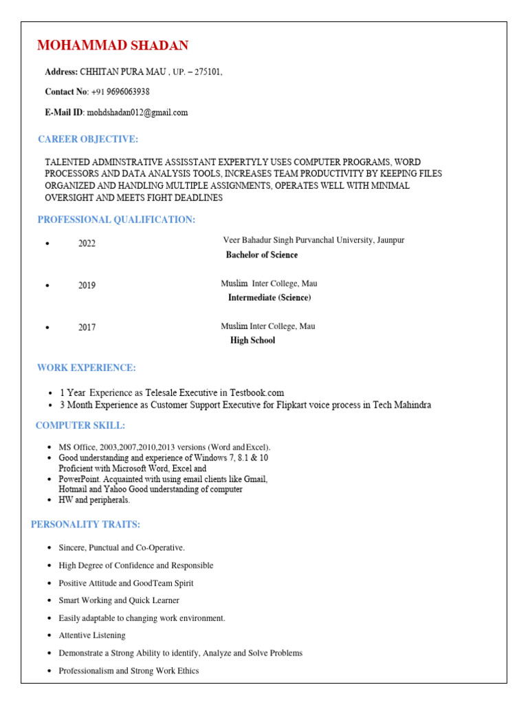 My Resume 1 | PDF | Microsoft Excel | Cognition