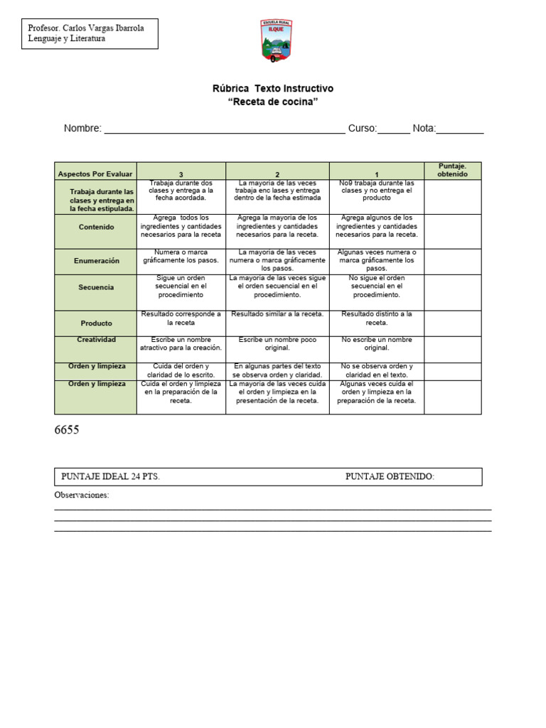 Rúbrica para Evaluar Recetas de Cocina | PDF