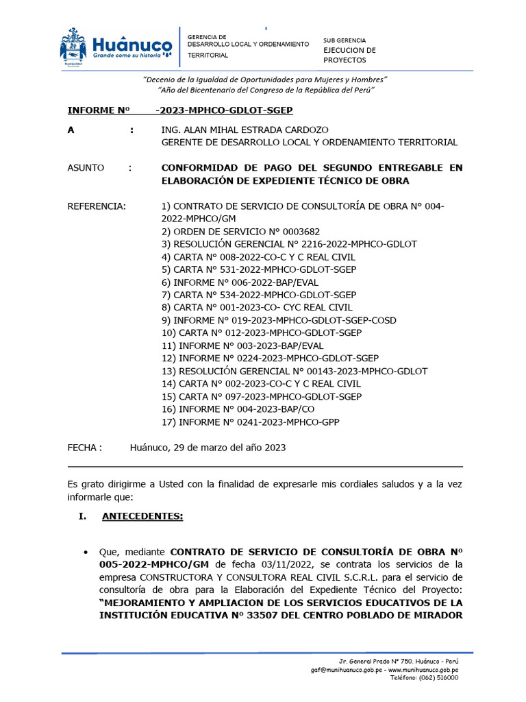 Informe #00-2023 - Conformidad de Pago de Segundo Entregable en Elaboración de Expediente ...