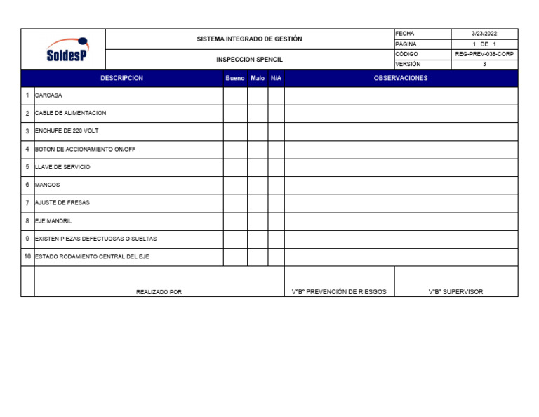 Reg Prev 038 Corp Registro Inspección Spencil (Rectificador) | PDF