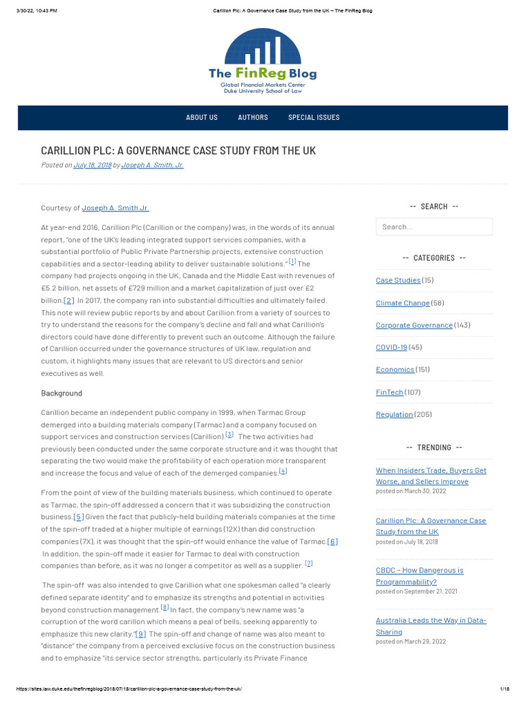 Carillion Plc UK Governance Study | PDF | Goodwill (Accounting) | Mergers And Acquisitions