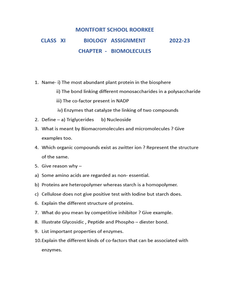Assignment Class 11 - Biomolecules | PDF