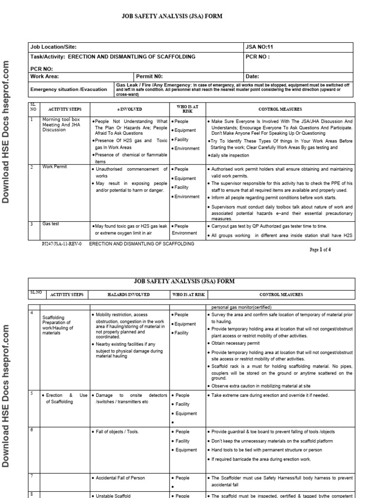 JSA For Erection and Dismantling of Scaffolding | PDF | Scaffolding ...