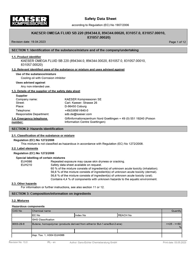 Kaeser Omega Fluid SB 220 Safety Data | PDF | Dangerous Goods | Toxicity
