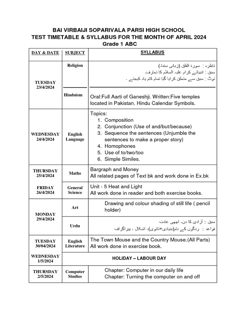 April 2024 Test Timetable for Grade 1 | PDF