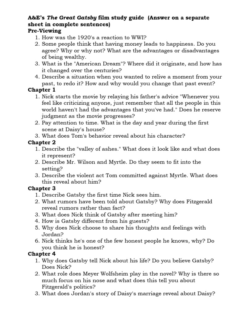 GATSBY FILM Studyquestions | PDF | The Great Gatsby
