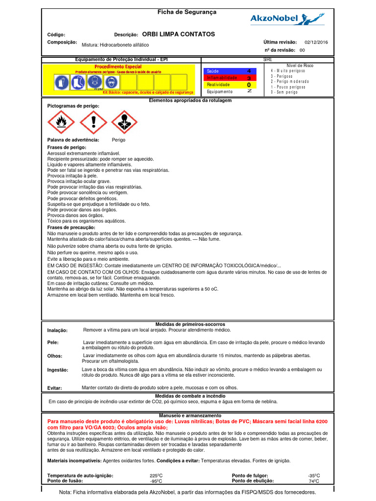 Ficha de Segurança: ORBI LIMPA CONTATOS | PDF | Embalagem e rotulagem ...