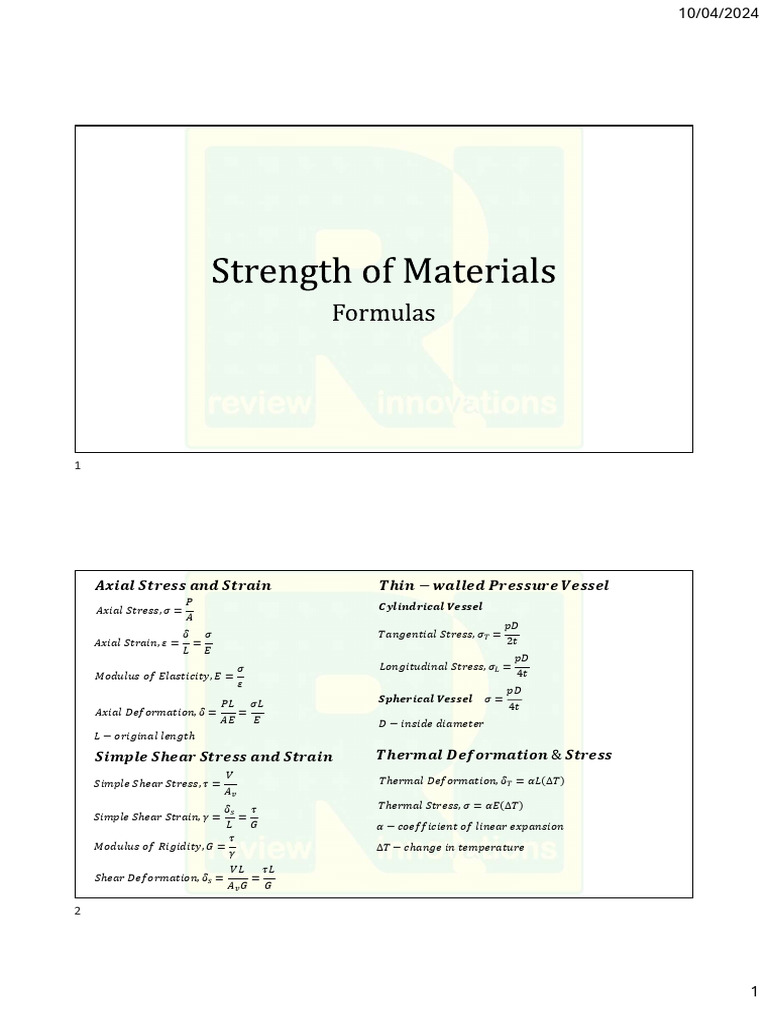 Strength of Materials Formulas | PDF | Mechanics | Classical Mechanics