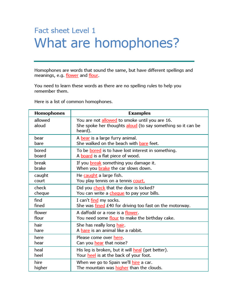 Homophones-Fact Sheet Level 1 What Are Homophones | PDF | Language Arts ...