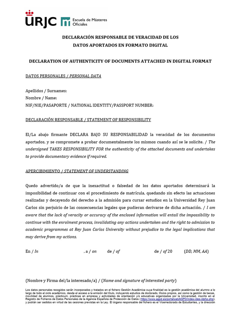 Declaracion Responsable Veracidad Datos | PDF