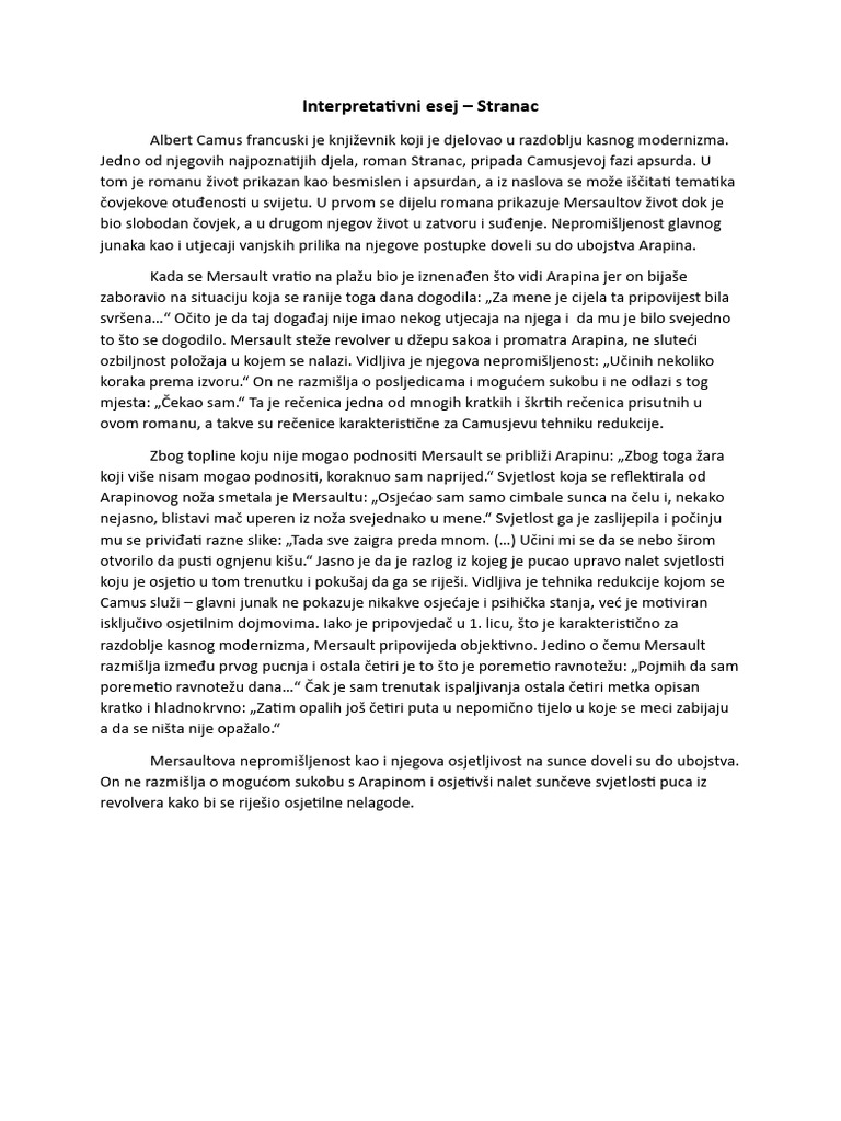 Interpretativni Esej - Stranac | PDF