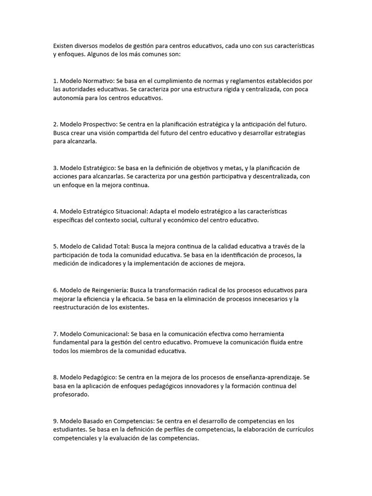 Existen Diversos Modelos de Gestión para Centros Educativos | PDF