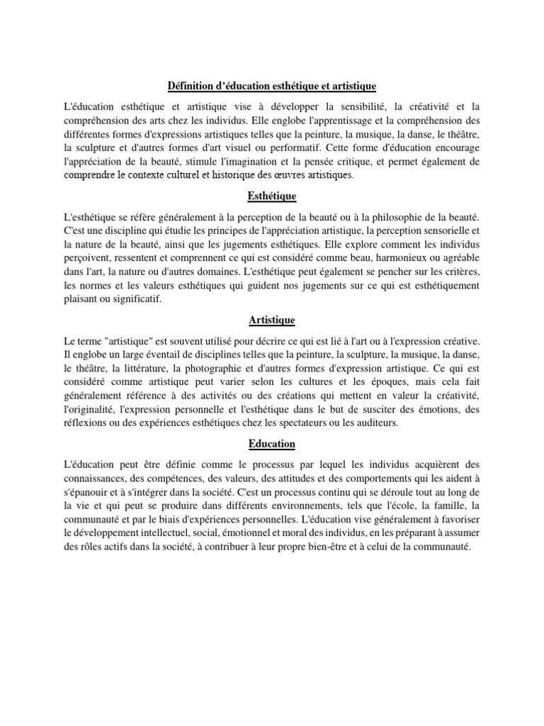 Définition de l'éducation esthétique et artistique | PDF | Esthétique ...