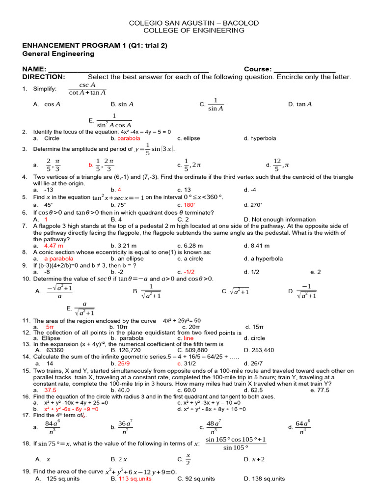 Algeb, Trigo, Geom (Trial 2A) | PDF | Ellipse | Euclidean Geometry