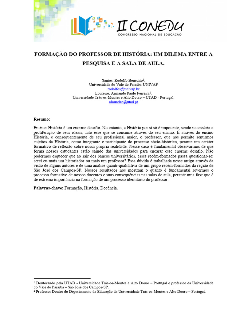 FORMAÇÃO DO PROFESSOR DE HISTÓRIA - Um Dilema Entre Pesquisa e A Sala ...