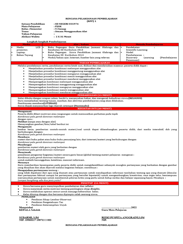 RPP PJOK Kelas 5 Semester Genap | PDF